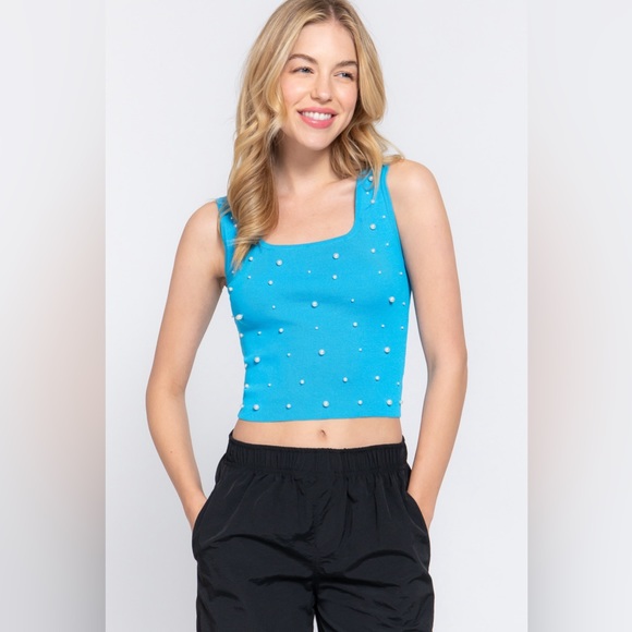Active Basic | Tops | Active Basic Pearl Detail Square Neck Cropped Tank | Poshmark